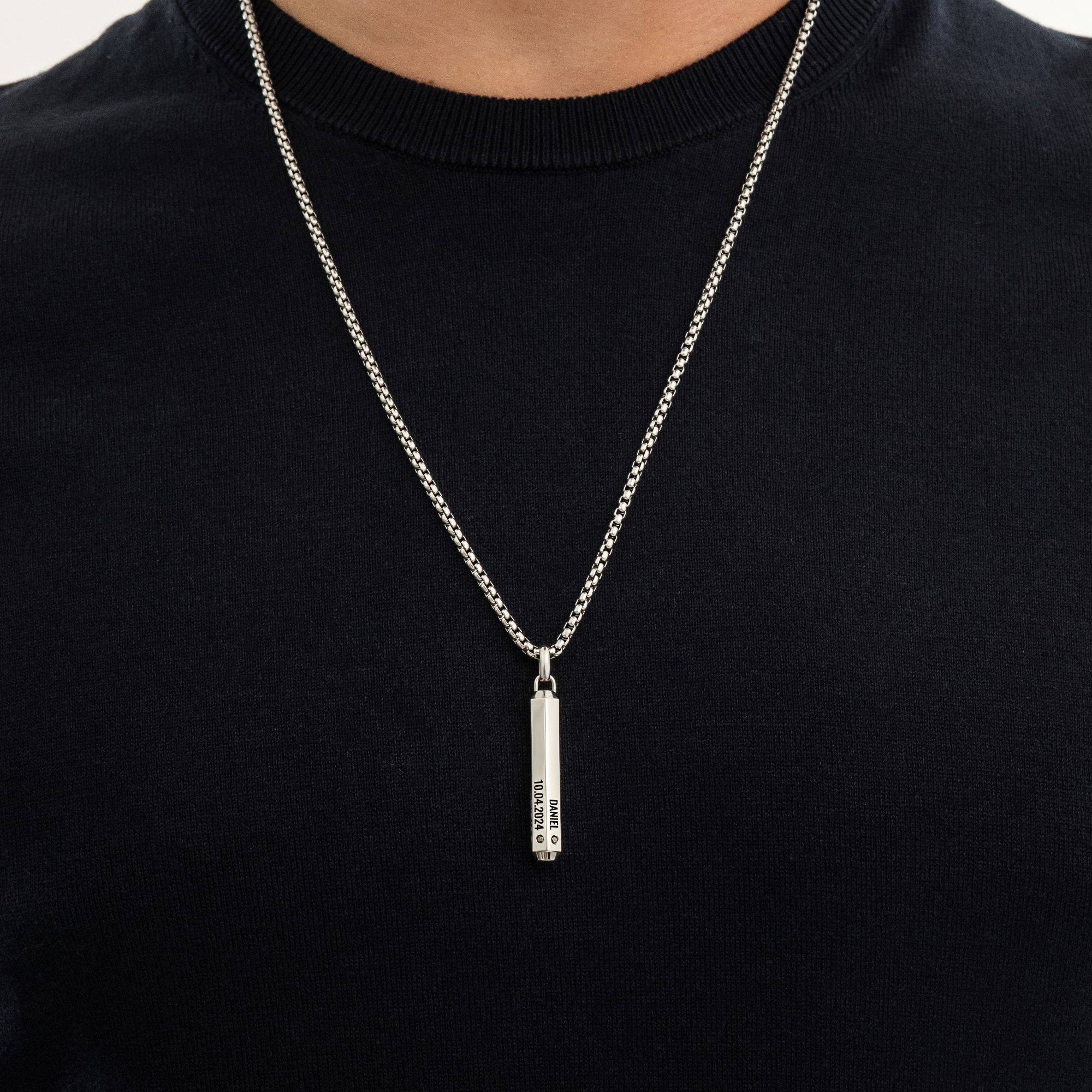 3D Engraved Hexagon Bar Necklace with Diamonds - Stainless Steel - SETT&Co