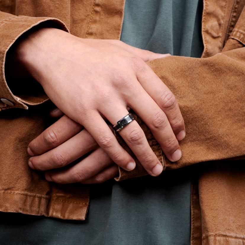 Engraved Tungsten Ring with Carbon Fiber and Beveled Finish - SETT&Co