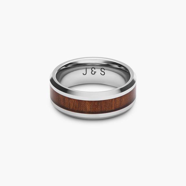 Engraved Tungsten Ring with Wood Inlay and Beveled Finish - SETT&Co