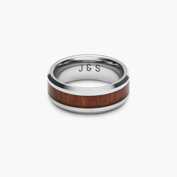 Engraved Tungsten Ring with Wood Inlay and Beveled Finish - SETT&Co