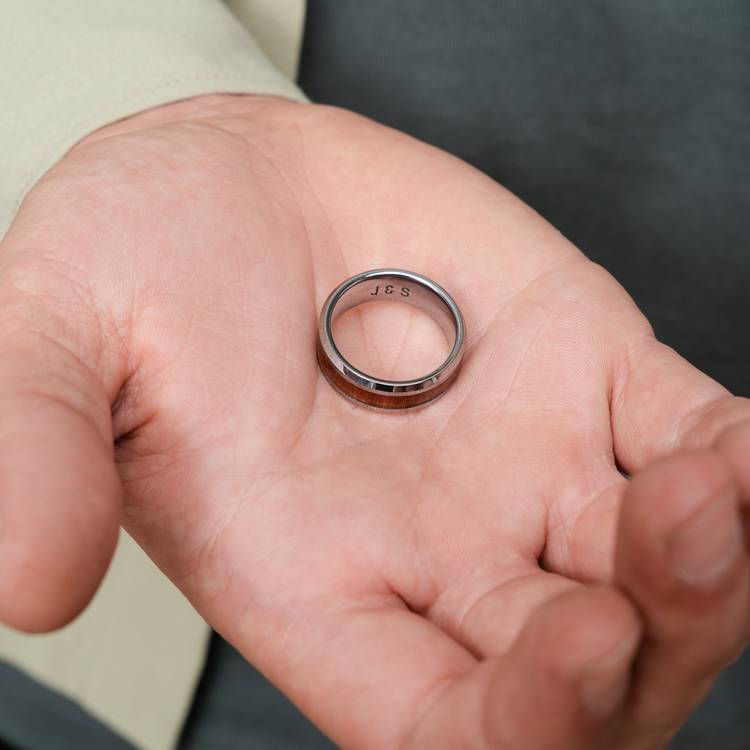 Engraved Tungsten Ring with Wood Inlay and Beveled Finish - SETT&Co