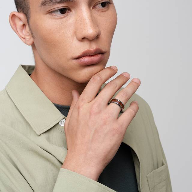 Engraved Tungsten Ring with Wood Inlay and Beveled Finish - SETT&Co